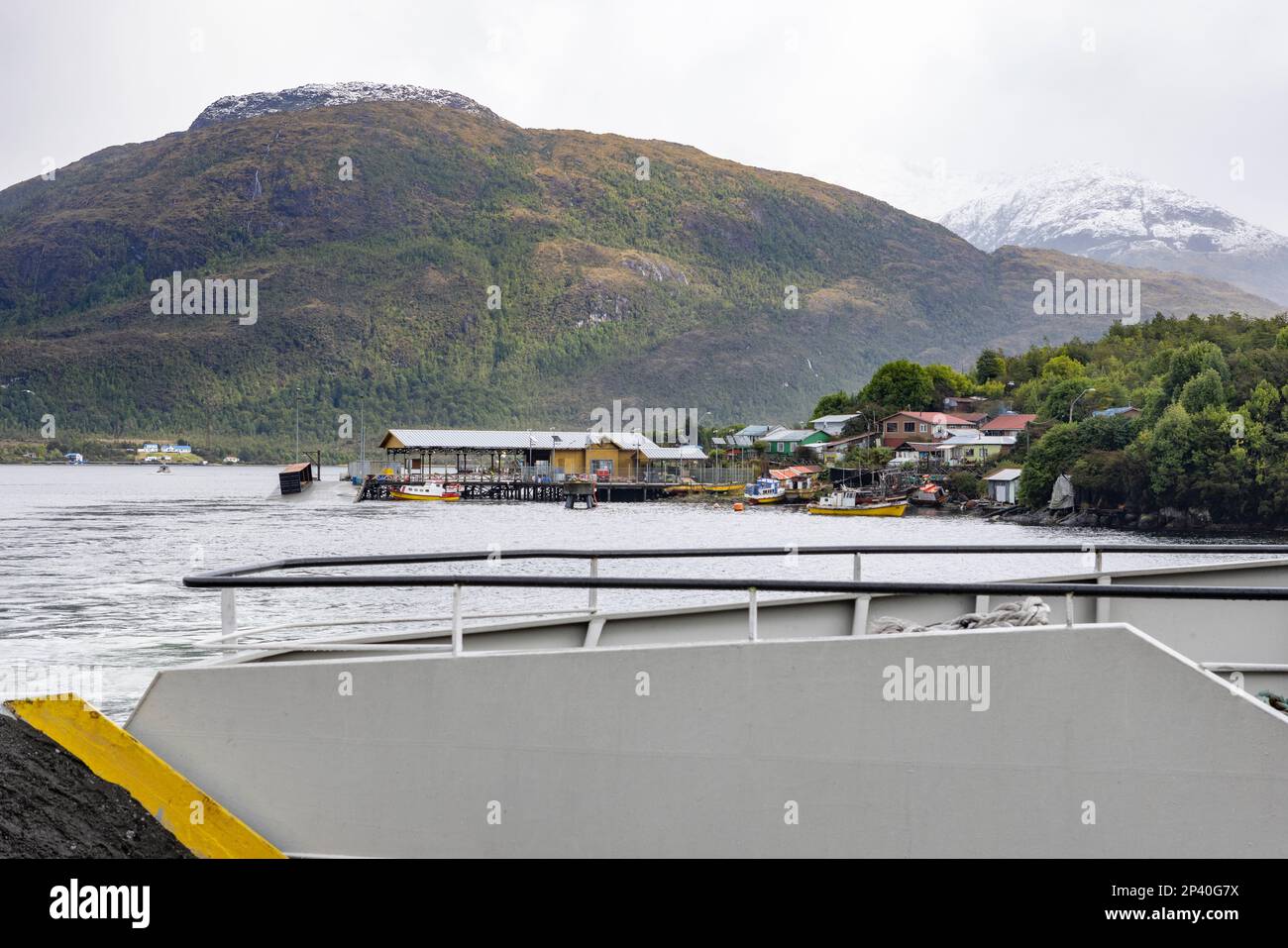 Puerto Edén viewed from a ferry cruising through the fjords of southern ...