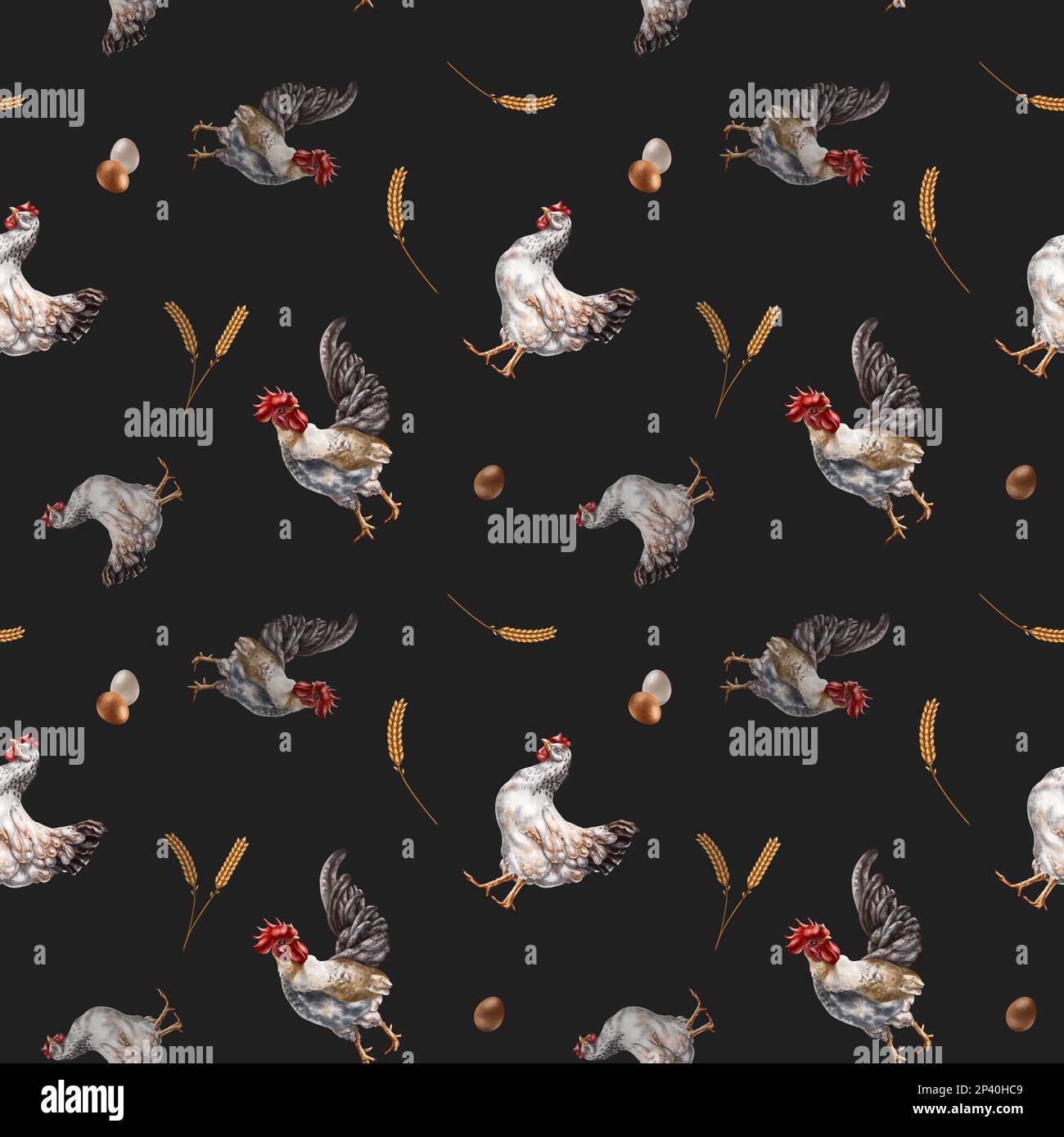 Seamless hand drawn pattern with chicken and rooster. Flower background ...