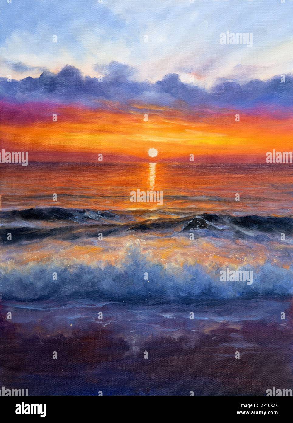 Original oil painting of beautiful golden sunset over ocean beach on ...