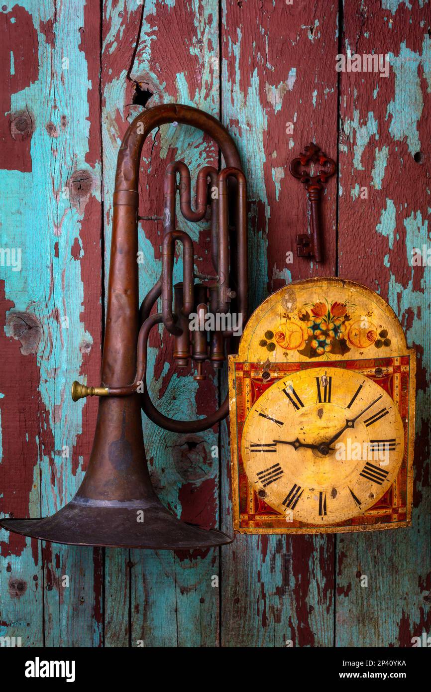 Old Clock And Horn Still Life Stock Photo - Alamy