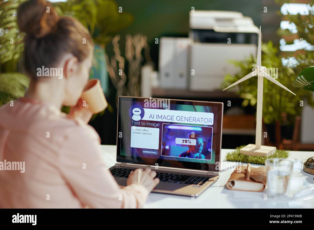 Seen from behind modern woman with laptop using text to image ai image ...