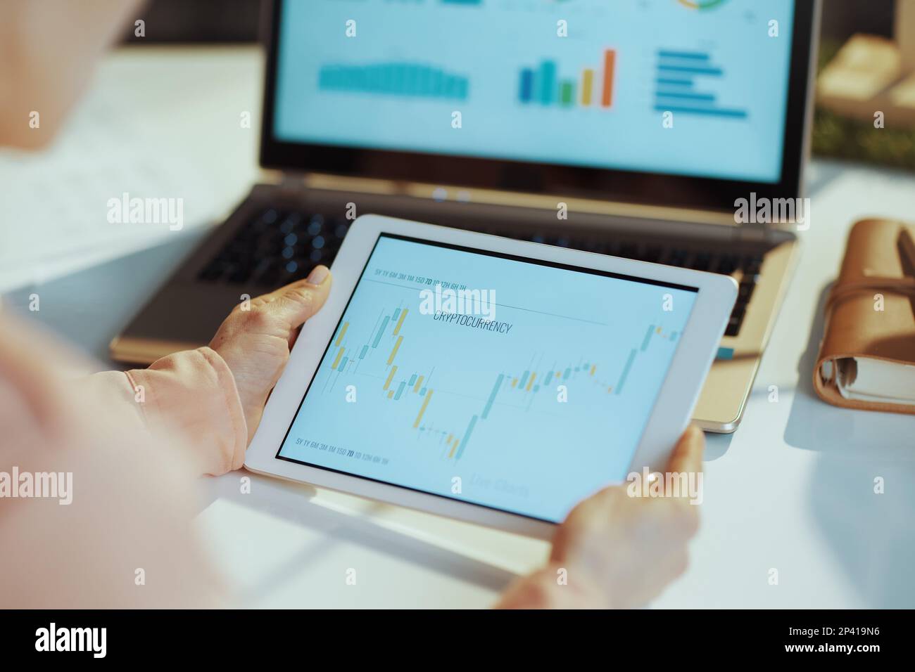 Seen from behind modern woman with laptop exploring charts, using ...