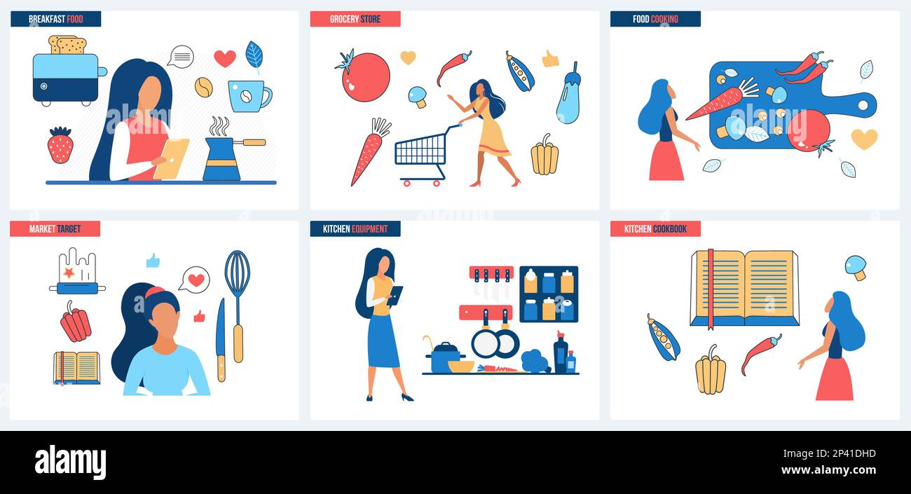 Cooking, shopping in grocery store set vector illustration. Cartoon ...