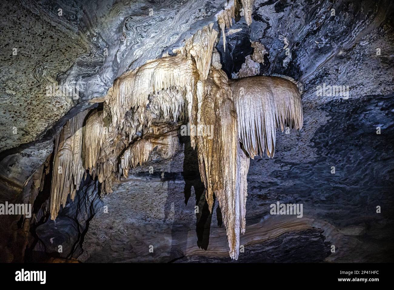 Limestone cave of stalactite and stalagmite formations, the Gruta da ...