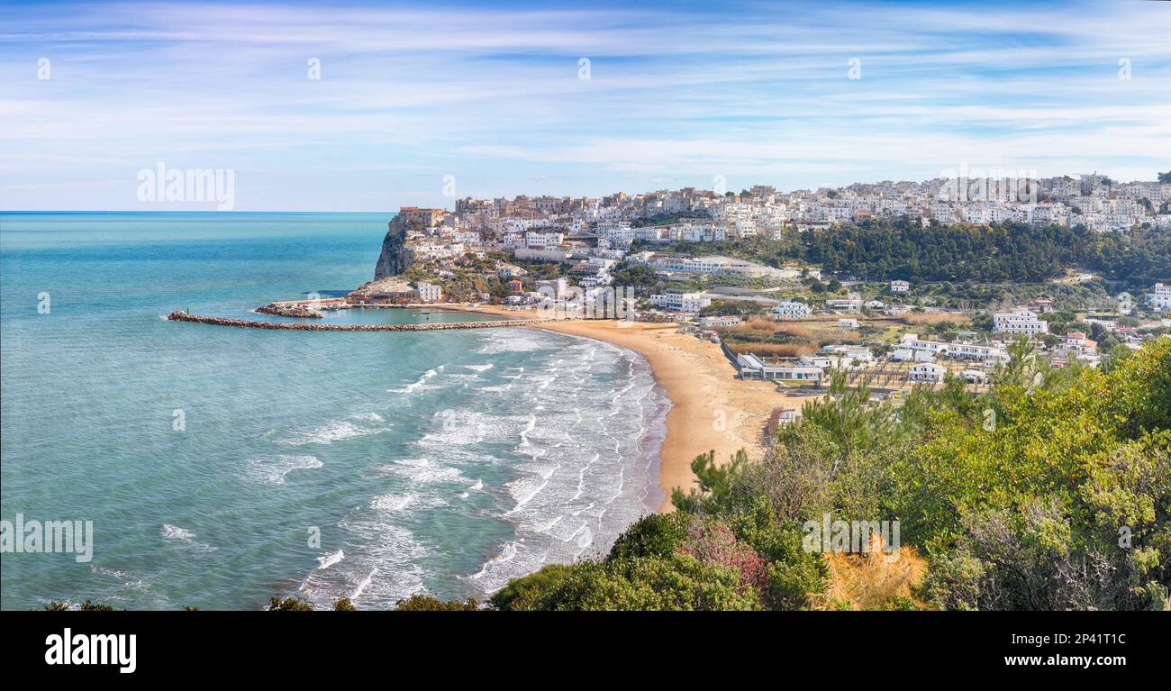 Amazing Peschici with wide sandy beach in Puglia, adriatic coast of ...