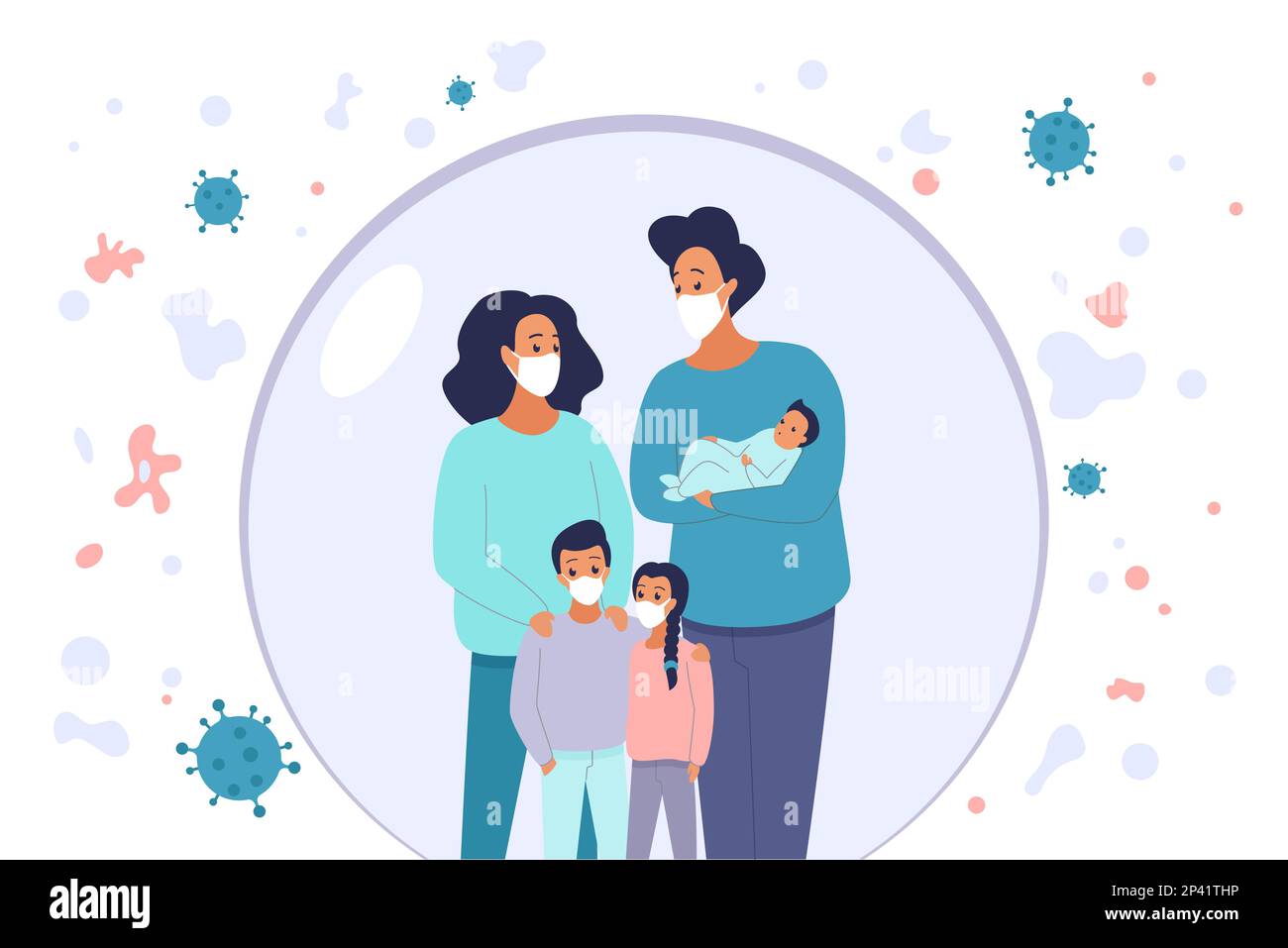 Family in protection bubble vector illustration. Cartoon mom, dad and ...