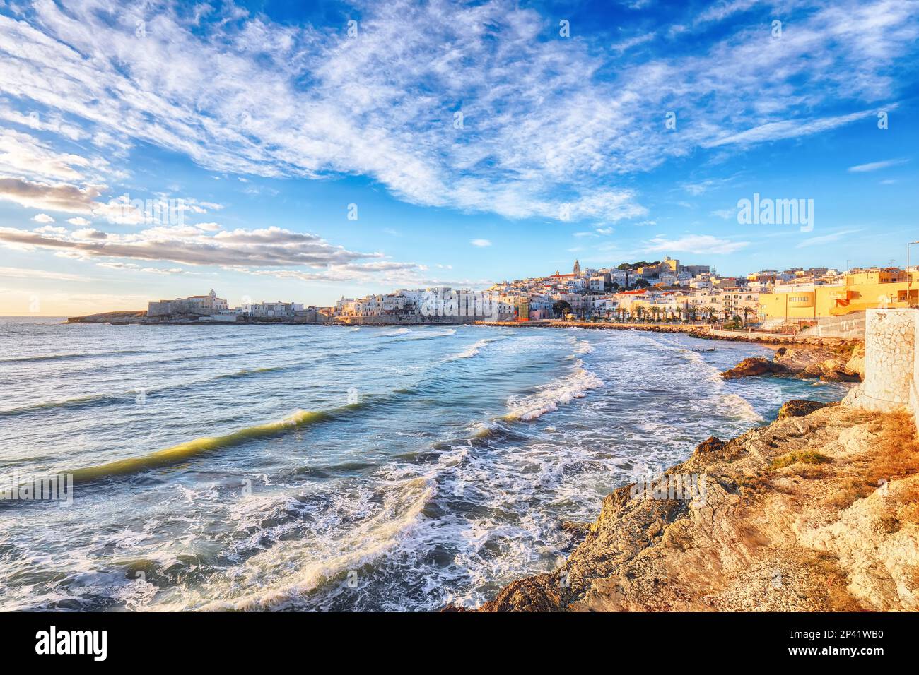 Marvelous view of historic center and promenade of the city of Vieste ...
