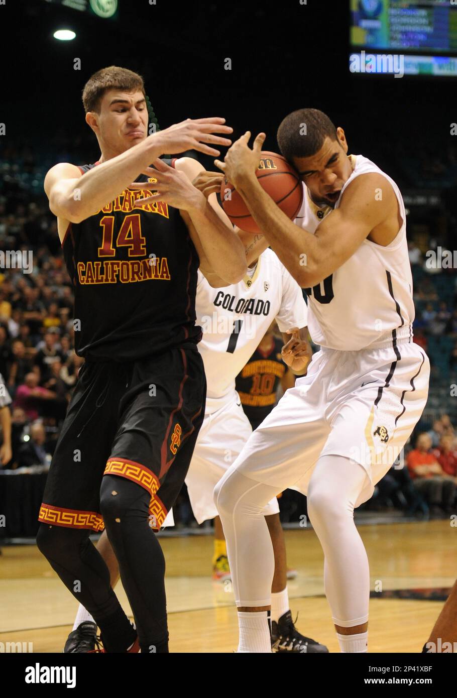 12 March 2014: Colorado (40) Josh Scott gets hit by USC (14) Strahinja ...