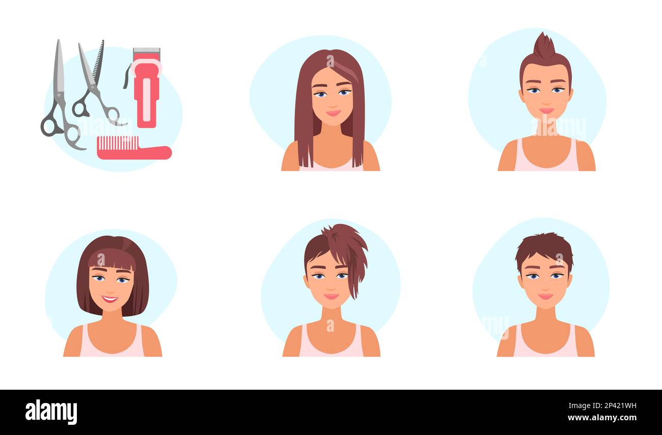 Haircuts of woman set vector illustration. Cartoon portrait of cute ...
