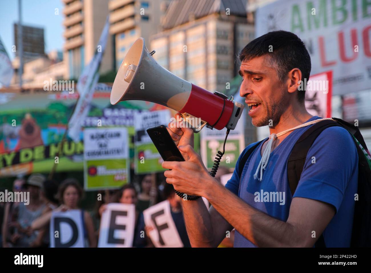 Buenos Aires, Argentina; March 3, 2023: Activist with a megaphone ...