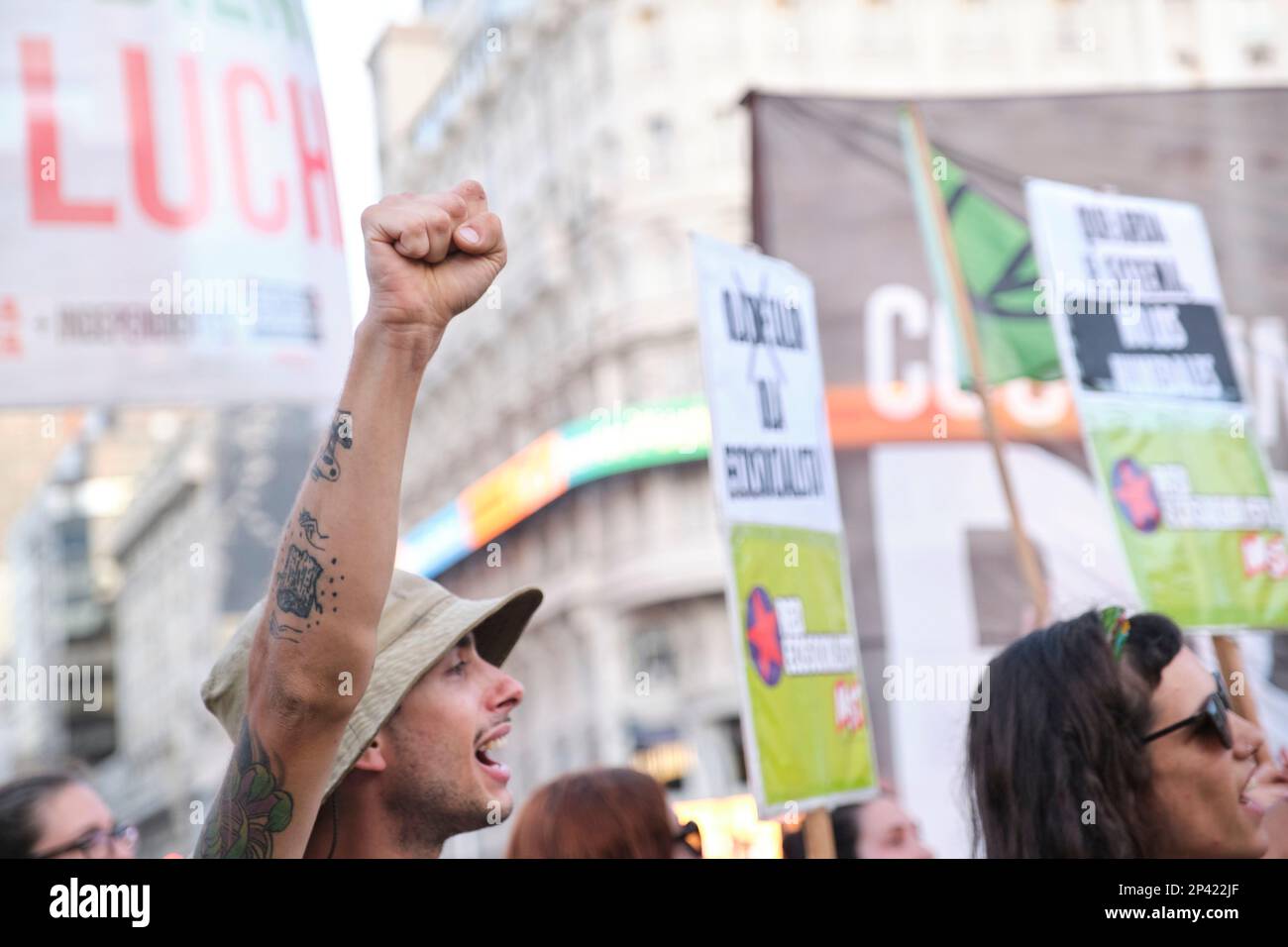Buenos Aires, Argentina; March 3, 2023: Activist raising up his fist in ...