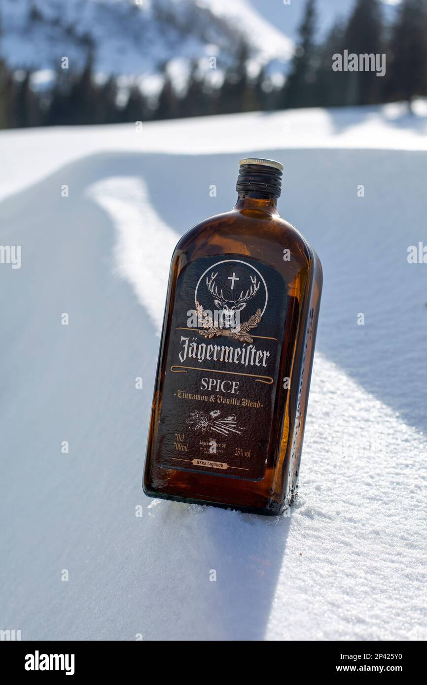 Drahobrat, Ukraine - Feb 22, 2023: Jagermeister spice black bottle on a ...