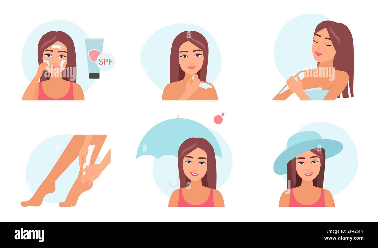 Skin protection with sunscreen set vector illustration. Cartoon girls ...