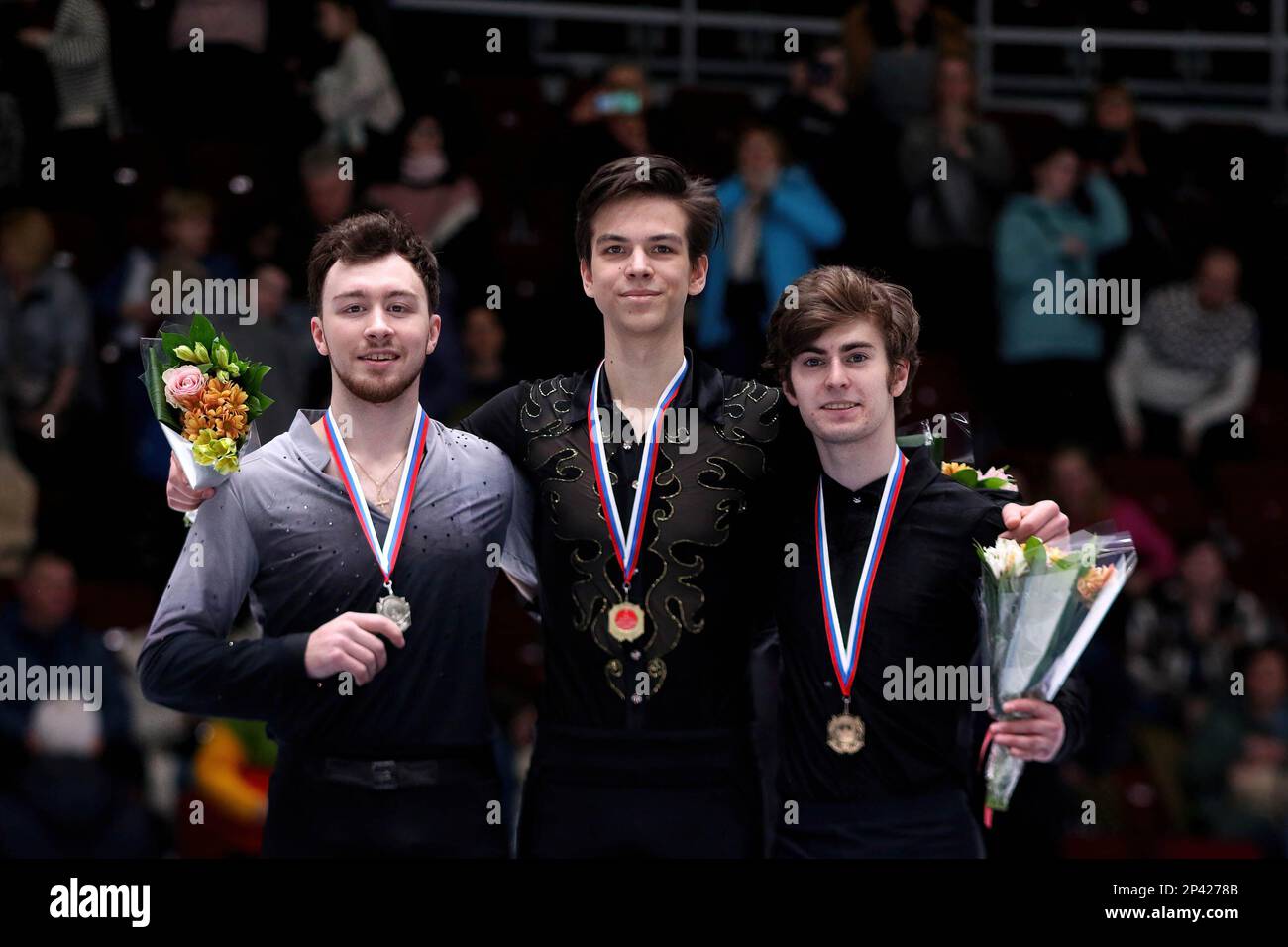 Saint Petersburg, Russia. 05th Mar, 2023. Petr Gumennik (C), Dmitri Aliev (L), Mark Kondratyuk ...