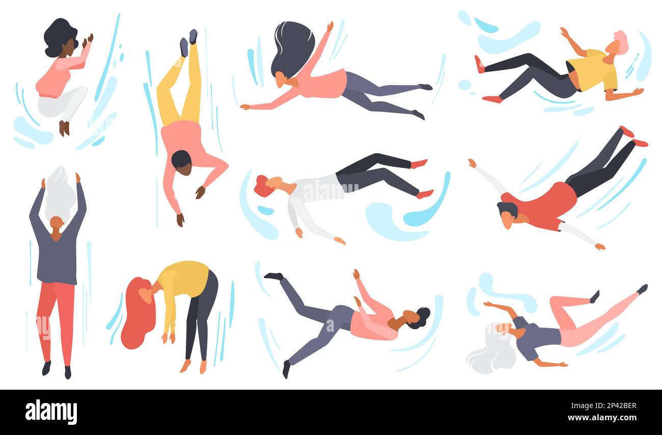 People fly set vector illustration. Cartoon isolated male and female ...