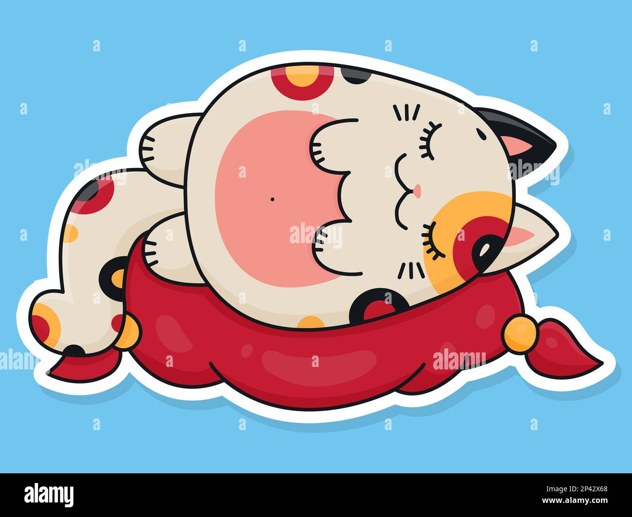 Cute cartoon sleeping. A fat cat lies on a red pillow. Vector sticker ...