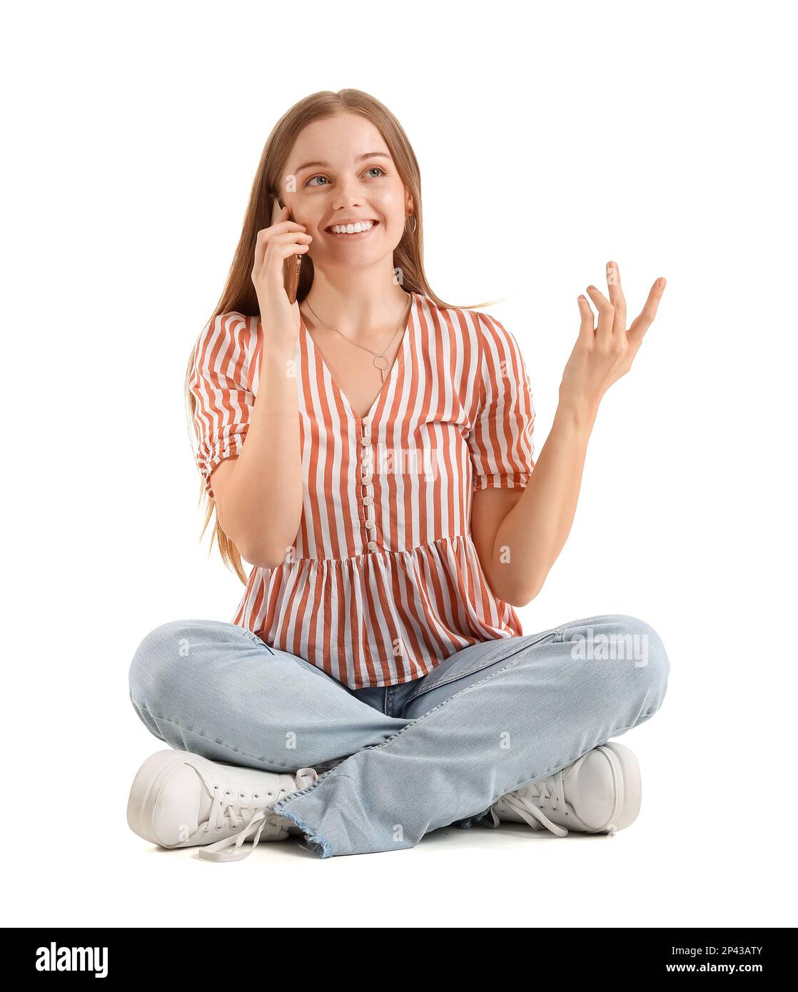 Beautiful girl talking by mobile phone on white background Stock Photo ...