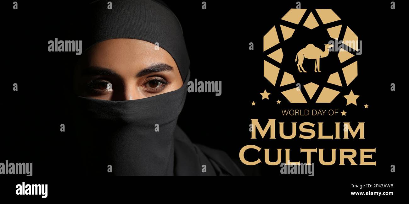 Beautiful Arabian woman on dark background. World Day of Muslim Culture ...