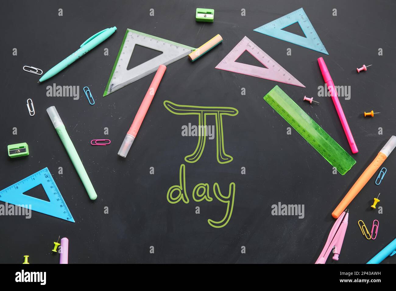 Different school stationery and text PI DAY on dark background Stock ...