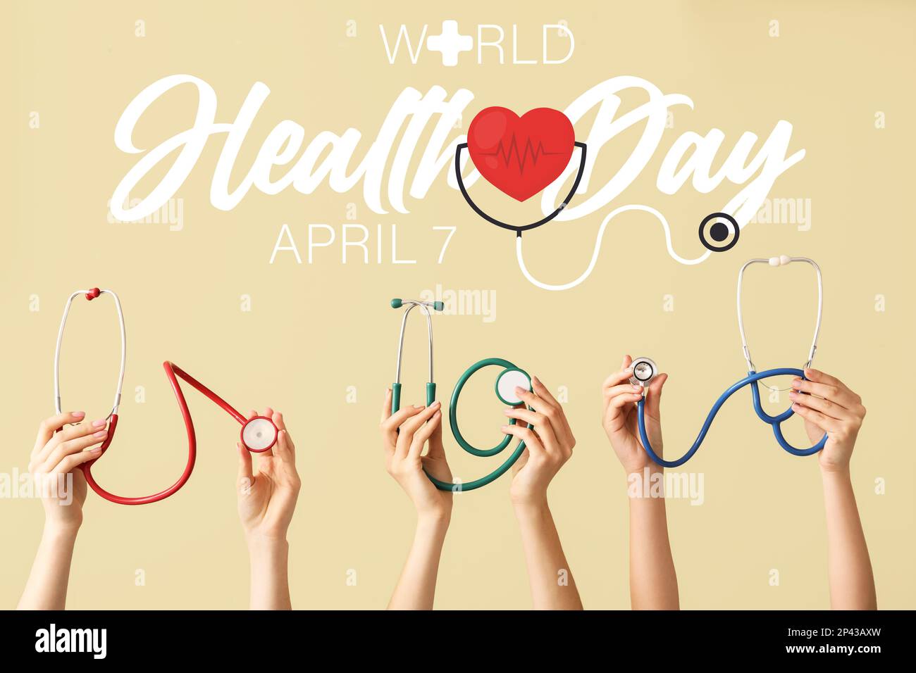 Many hands with stethoscopes on beige background. World Health Day ...
