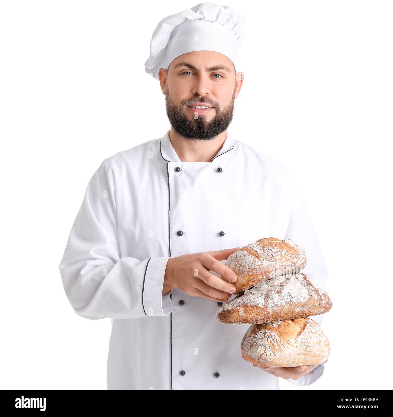 Male baker with loaves of fresh bread on white background Stock Photo ...