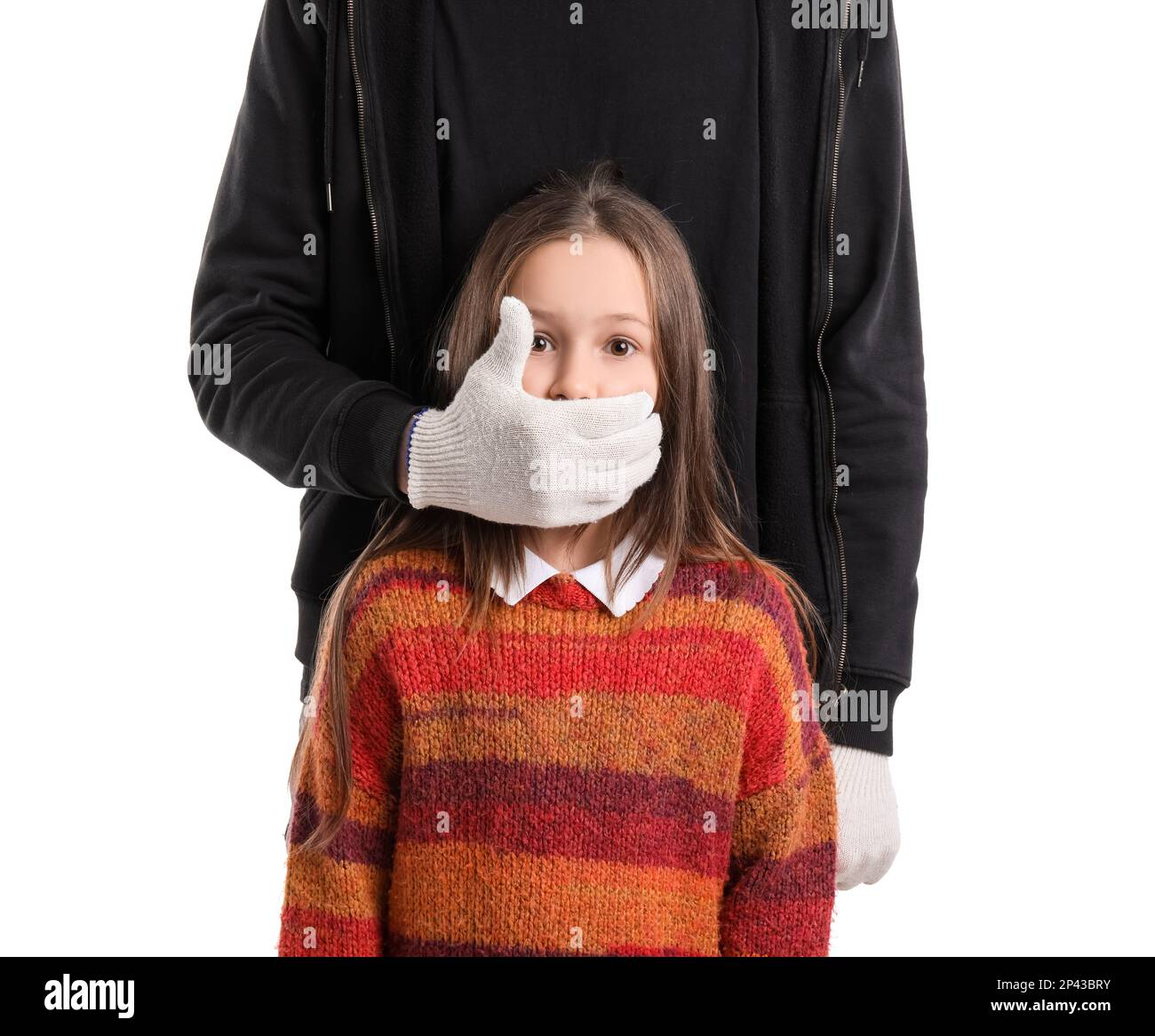 Terrorist and scared little hostage on white background Stock Photo - Alamy