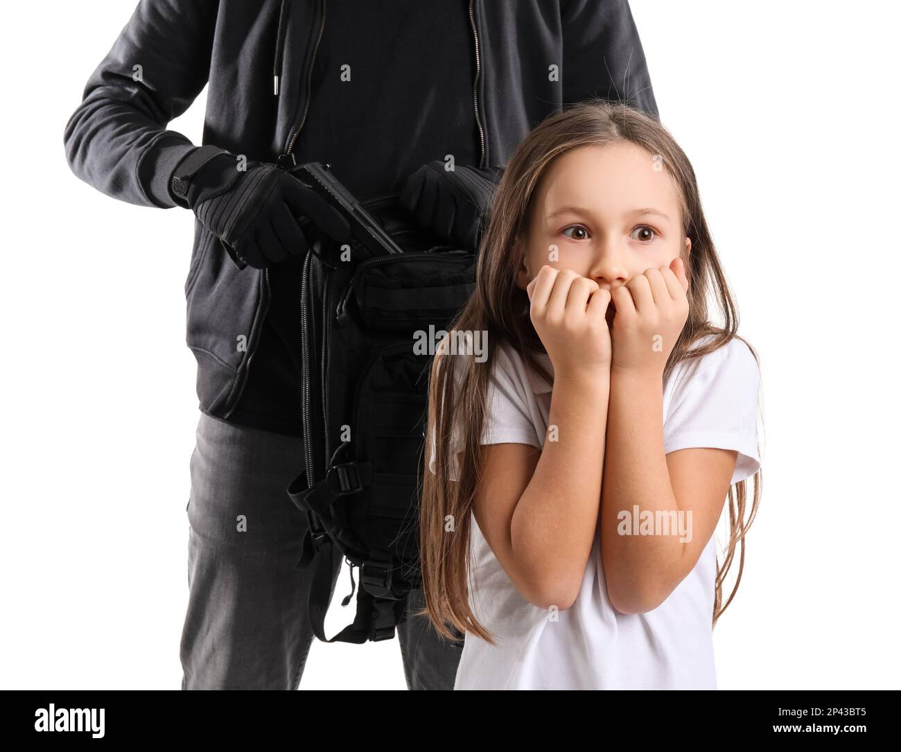 Terrorist with gun and scared little hostage on white background Stock ...