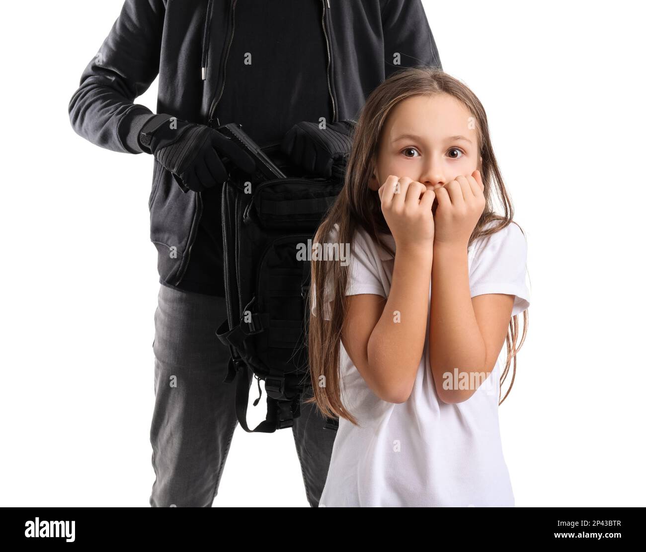 Terrorist with gun and scared little hostage on white background Stock ...