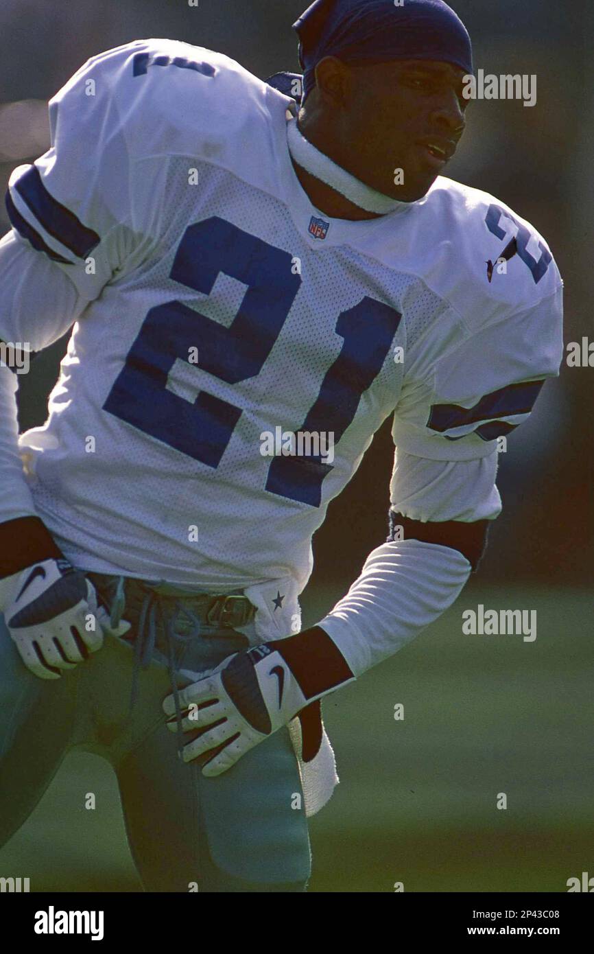 Cornerback Deion Sanders #21 of the Dallas Cowboys during pre-game warm ...