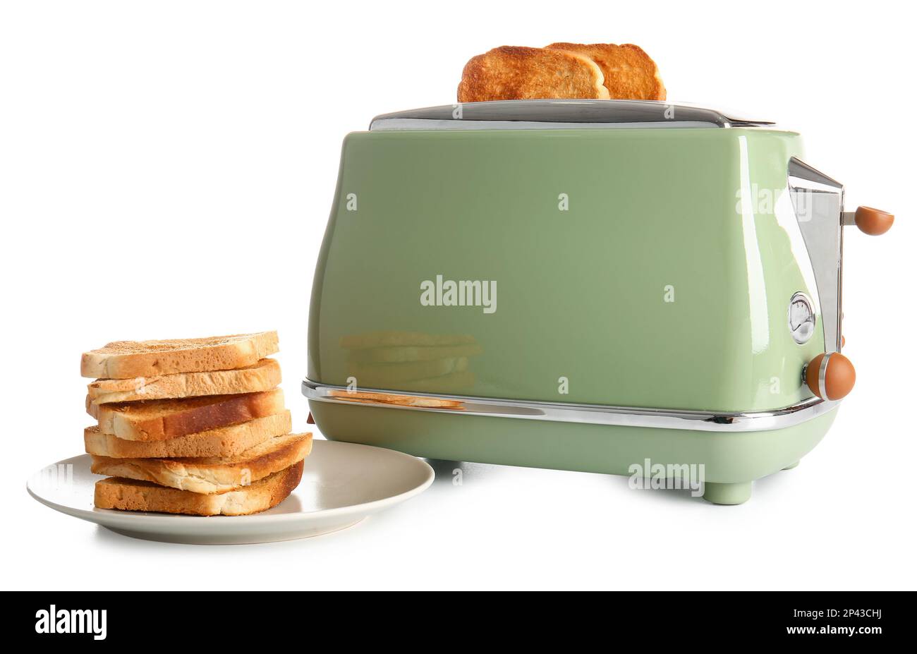 Modern toaster with crispy bread slices isolated on white background Stock Photo - Alamy