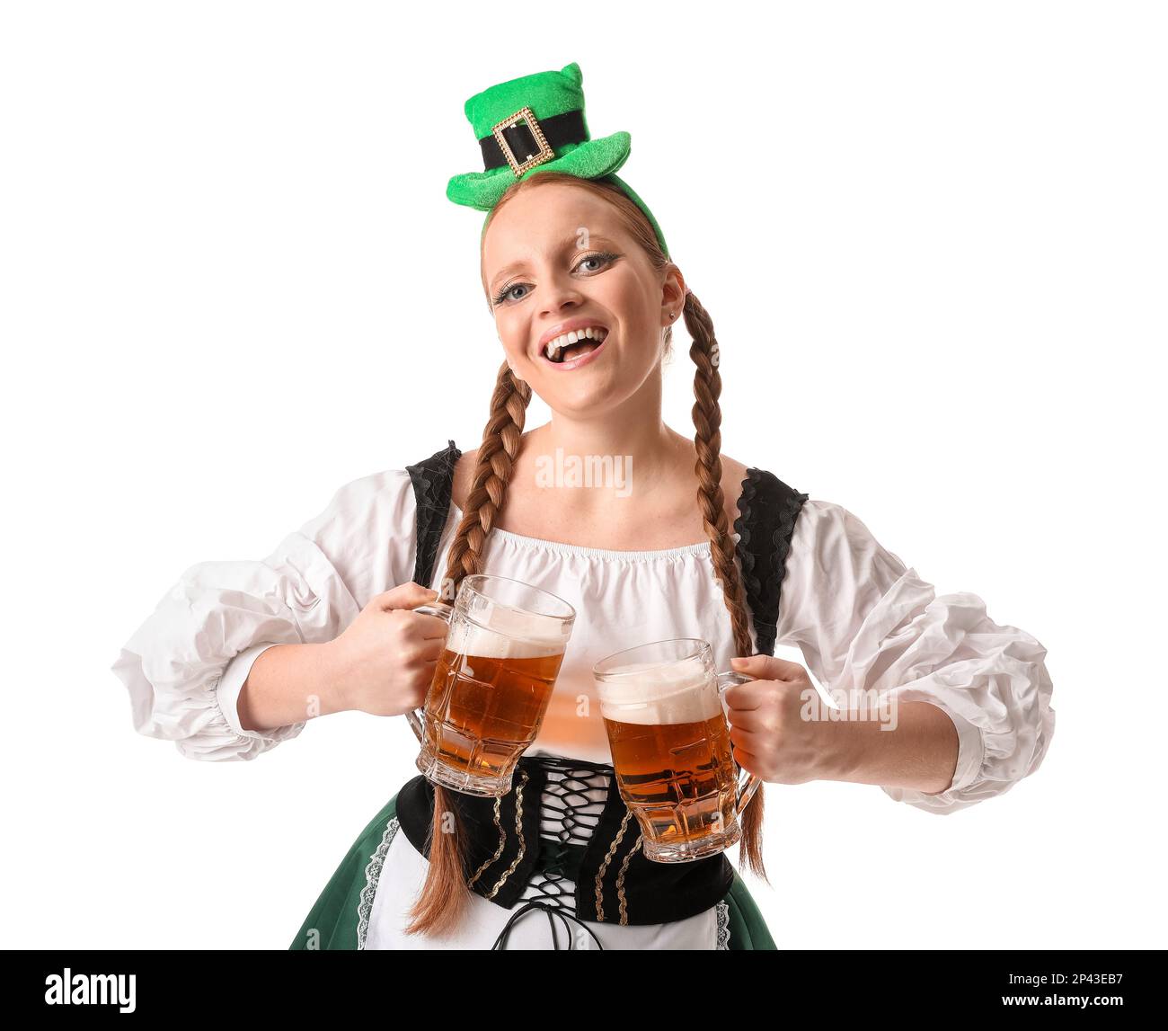 Irish waitress with glasses of beer on white background. St. Patrick's ...