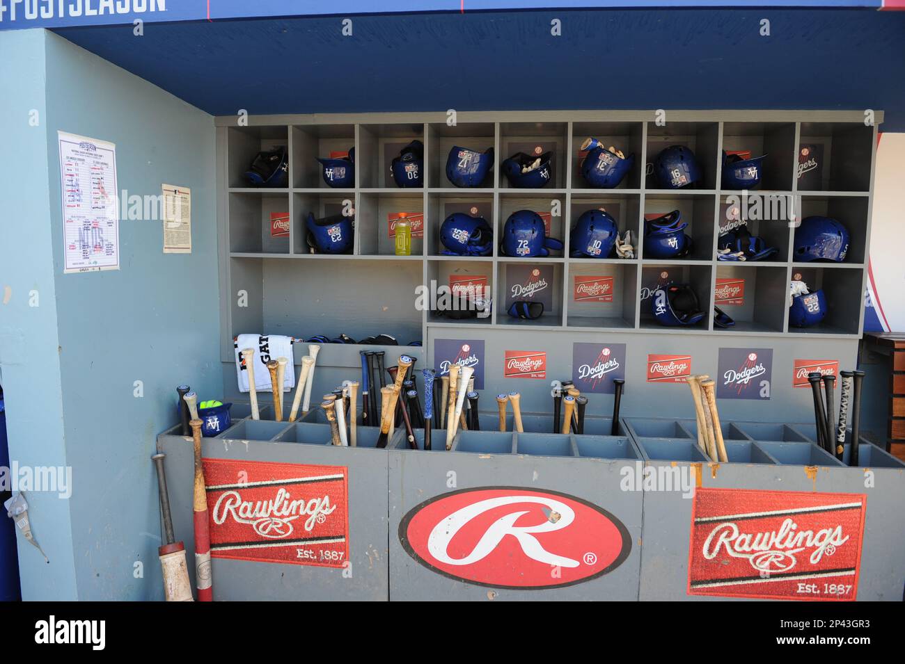 03 October 2014: The Dodger dugout helmet and bat cubbies prior to game ...