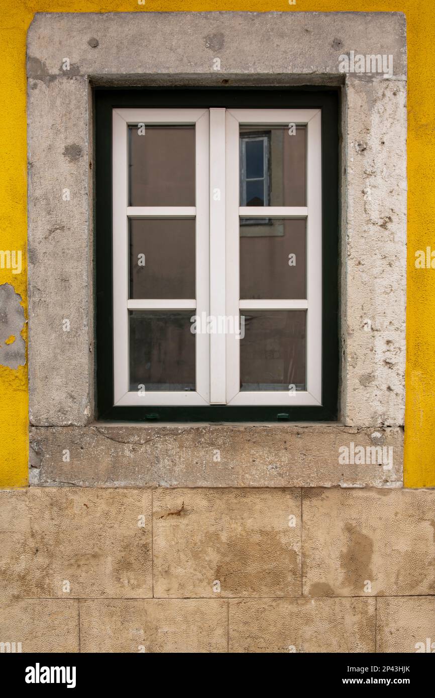 Wooden exterior window of an old house with a stone facade Stock Photo ...
