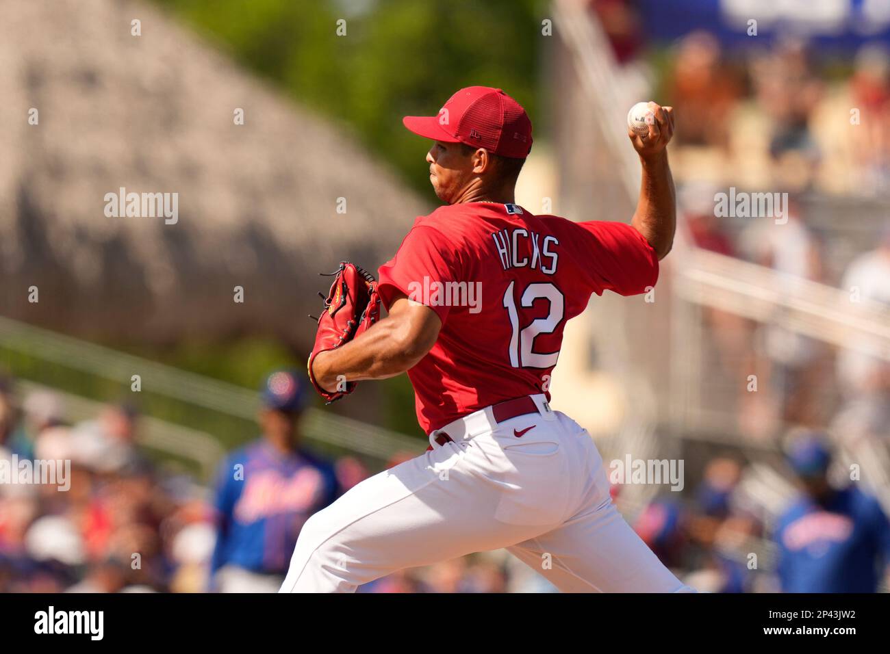 St. Louis Cardinals relief pitcher Jordan Hicks (12) throws during the sixth inning of a spring ...