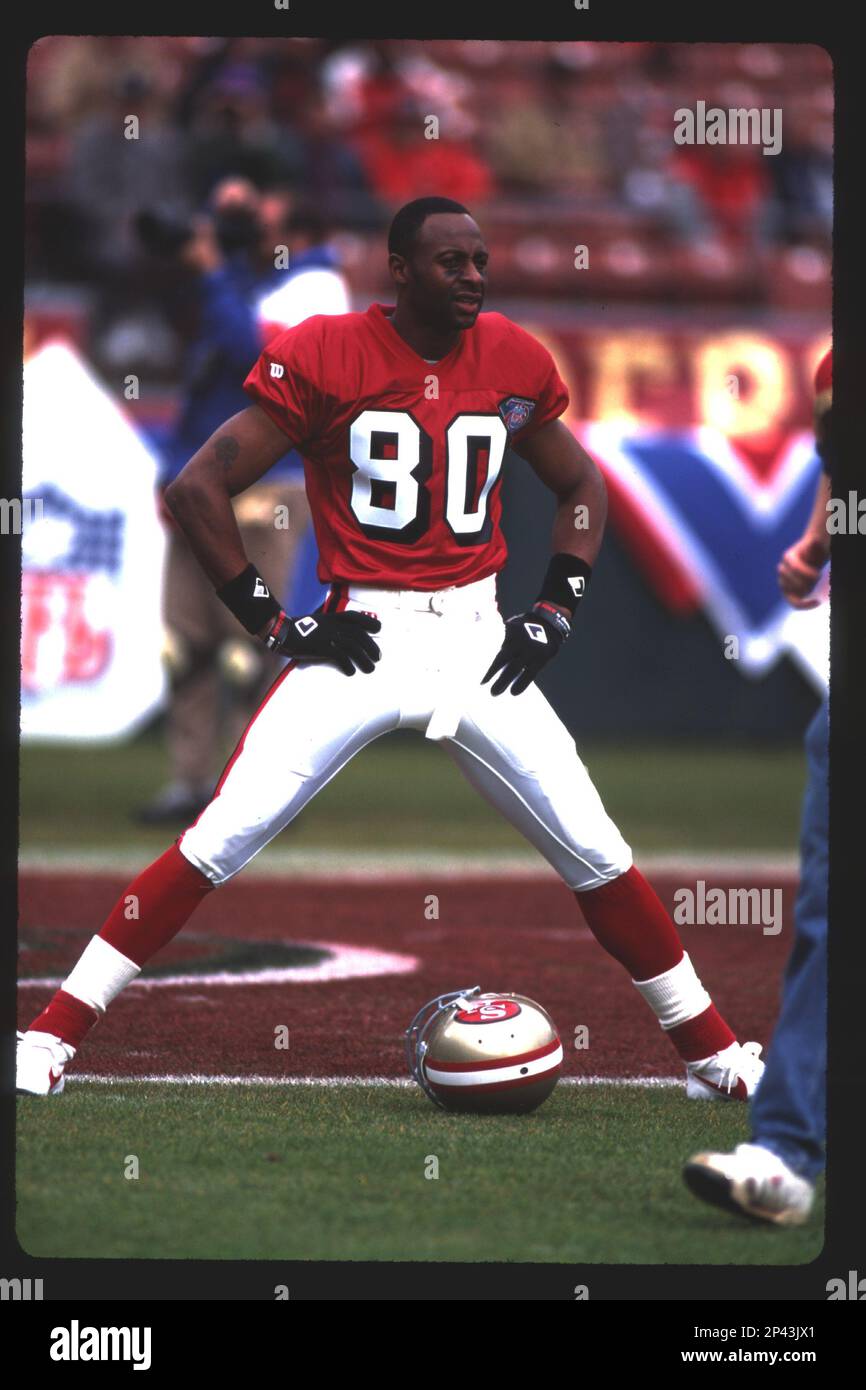 Jerry Rice #80 of the San Francisco 49ers during pre-game warm-ups ...