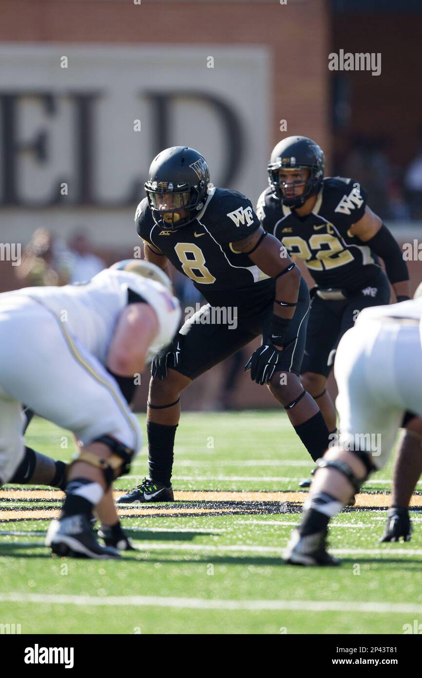 Marquel Lee (8) of the Wake Forest Demon Deacons lines up on defense ...