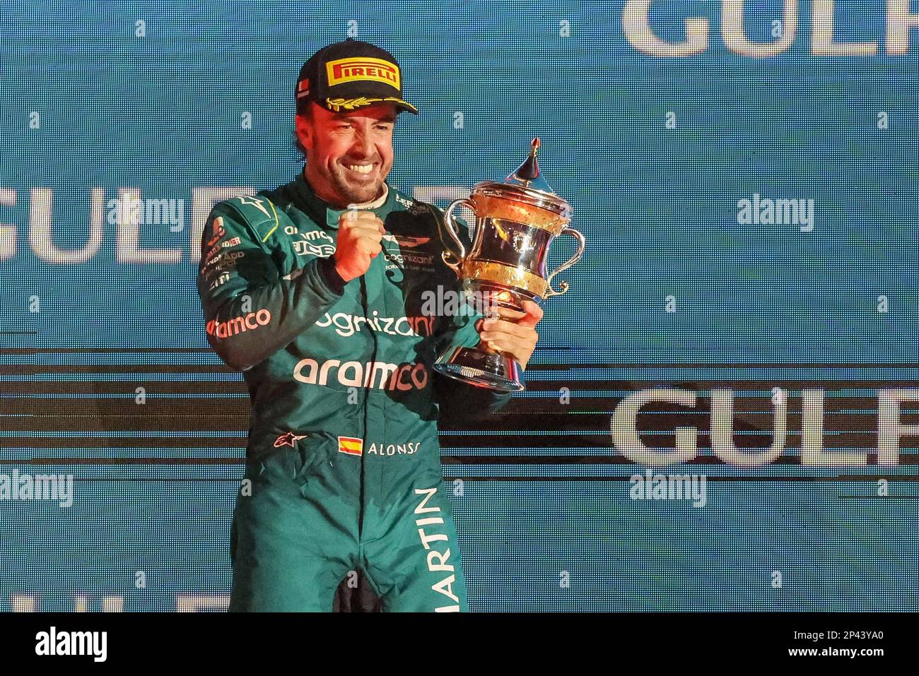 Fernando Alonso (SPA) Aston Martn AMR23 CELEBRATING ON PODIUM OF THE ...