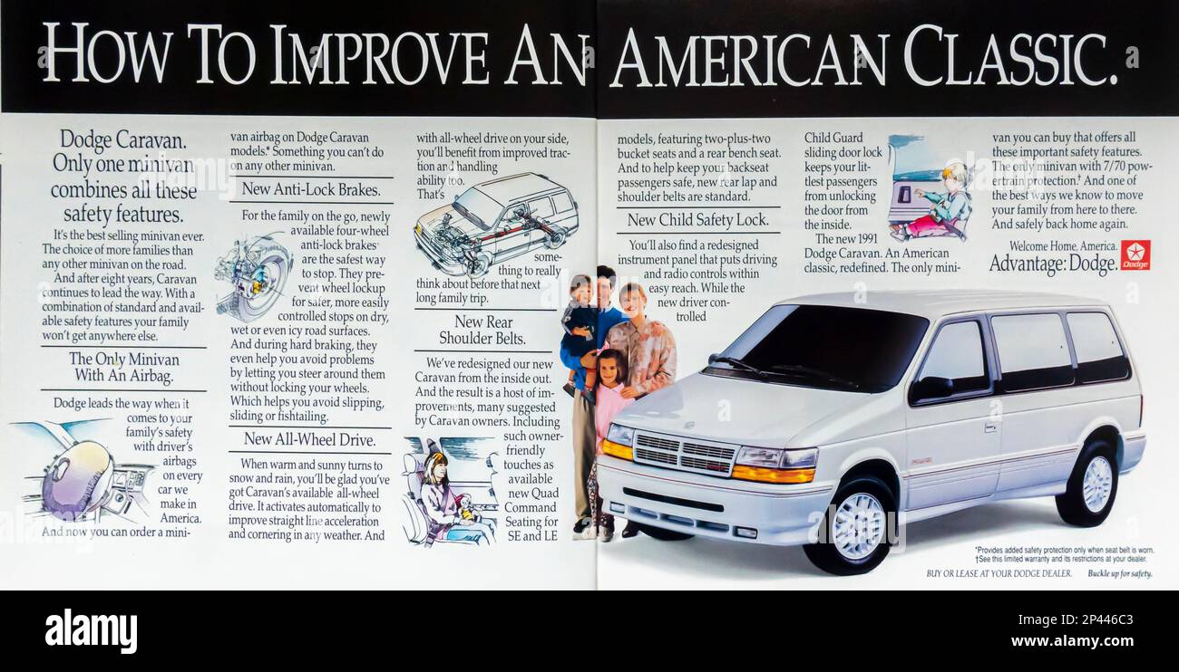 Dodge Caravan Minivan advert in a Natgeo magazine May 1991 Stock Photo ...