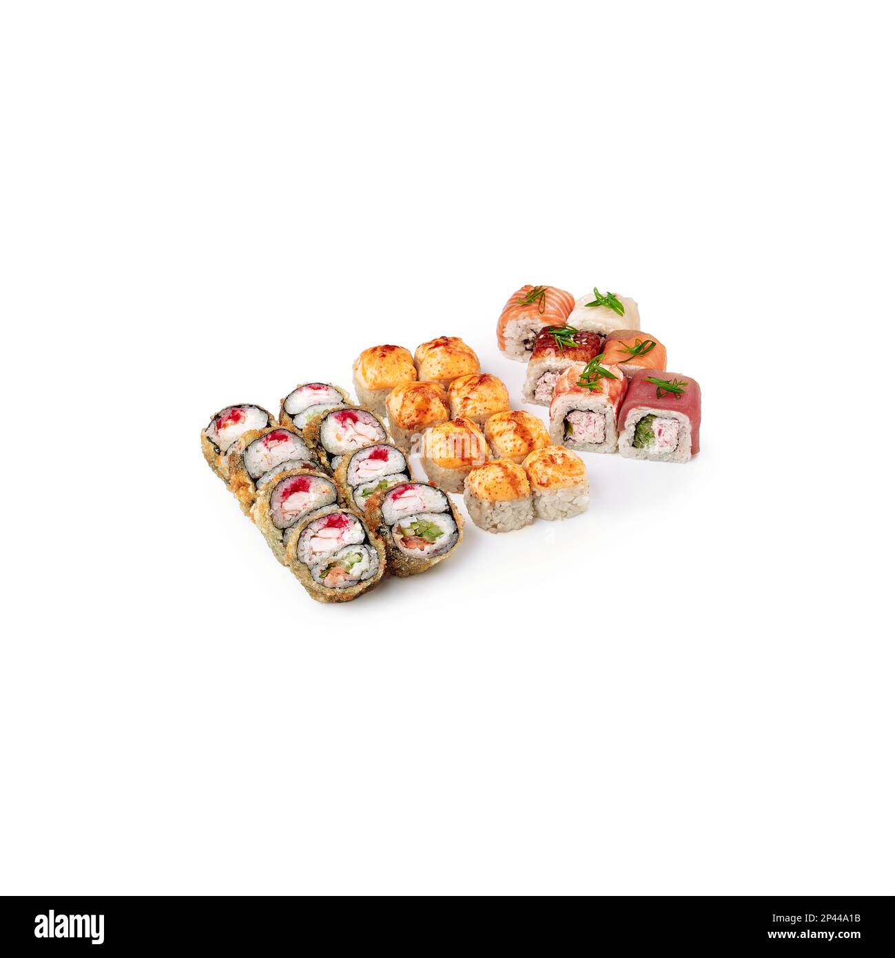 set Mix baked sushi rolls white background isolated Stock Photo - Alamy