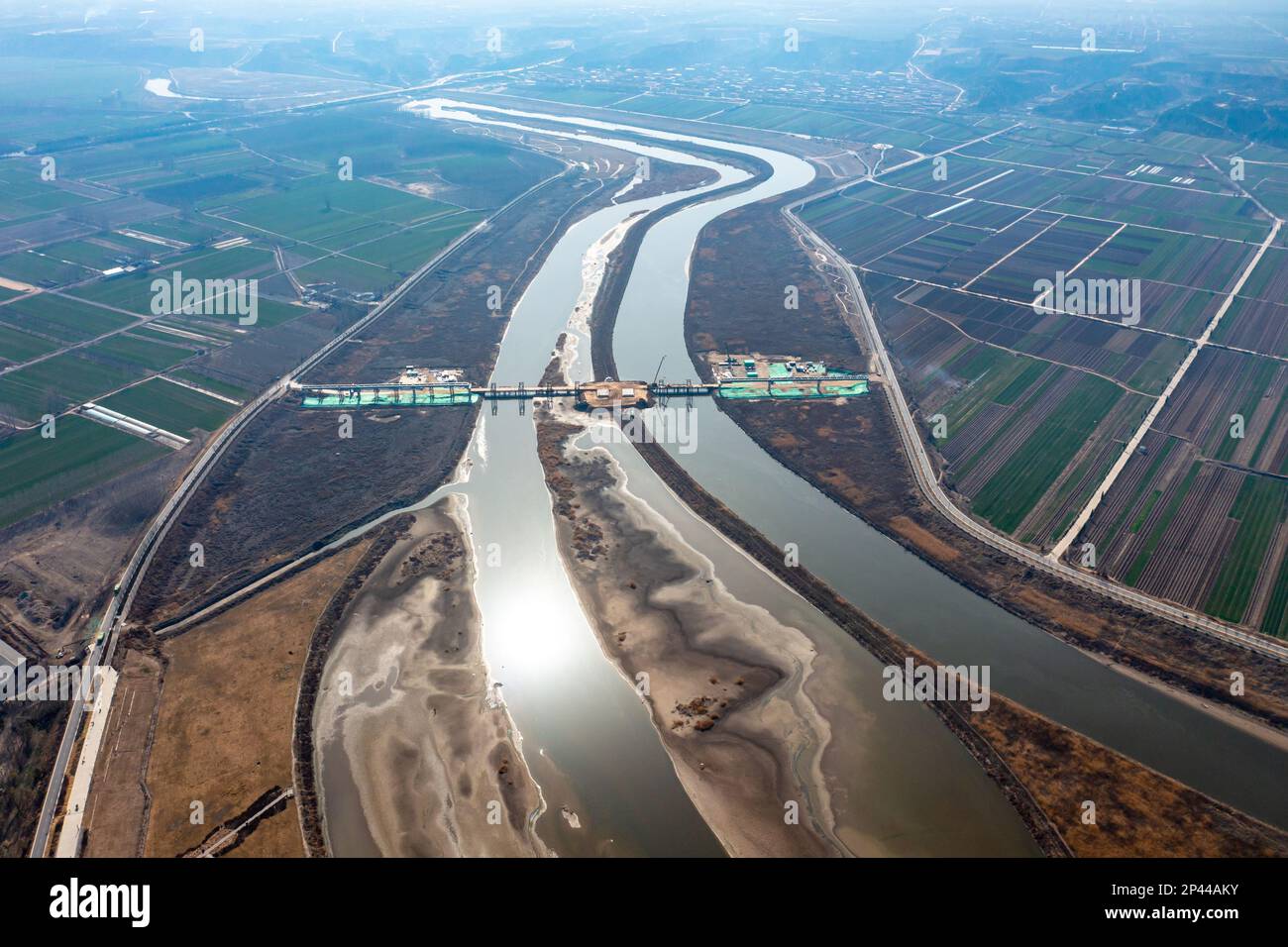 YUNCHENG, CHINA - MARCH 5, 2023 - A bridge project is underway at Fenhe ...