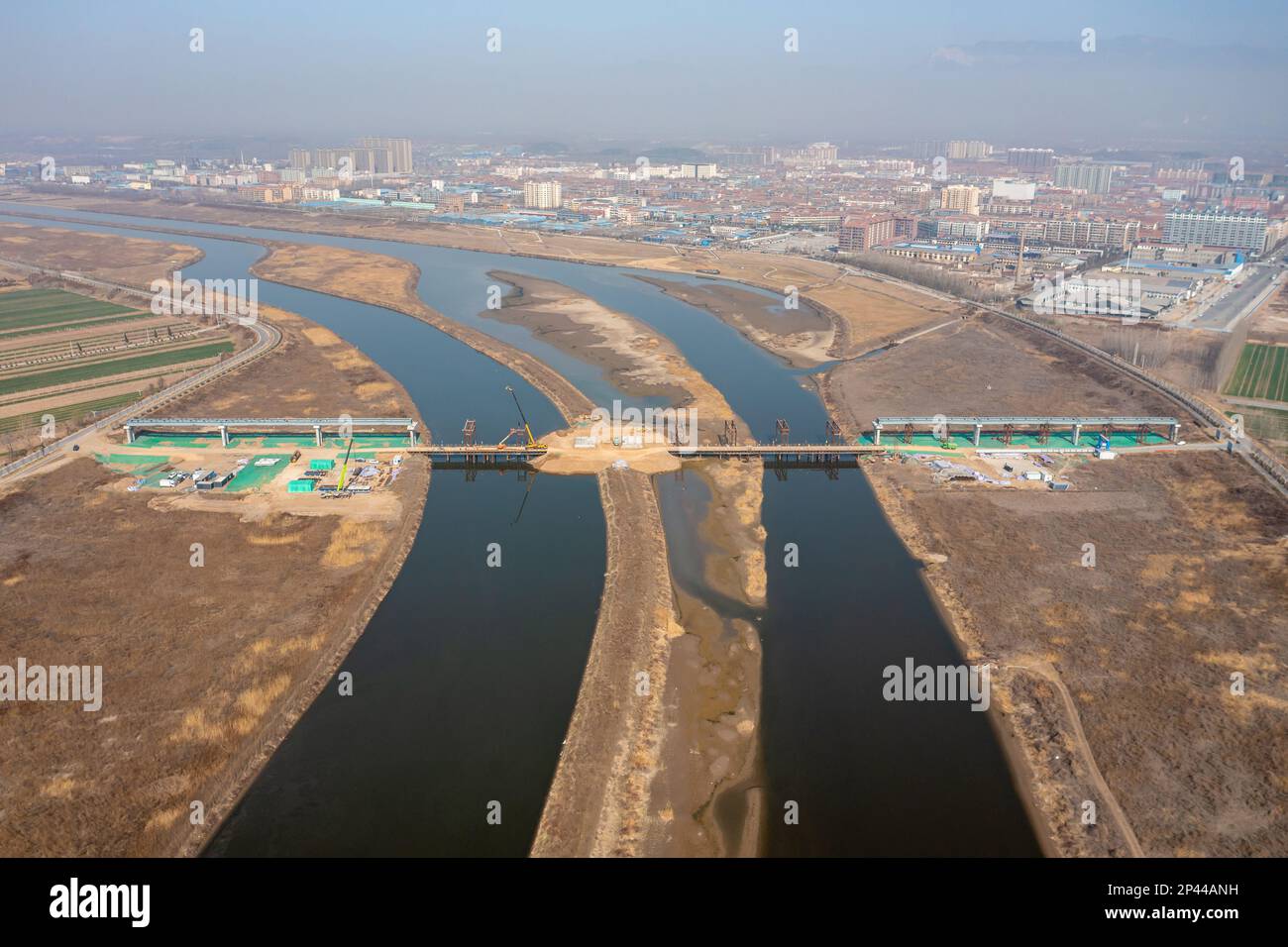 YUNCHENG, CHINA - MARCH 5, 2023 - A bridge project is underway at Fenhe ...
