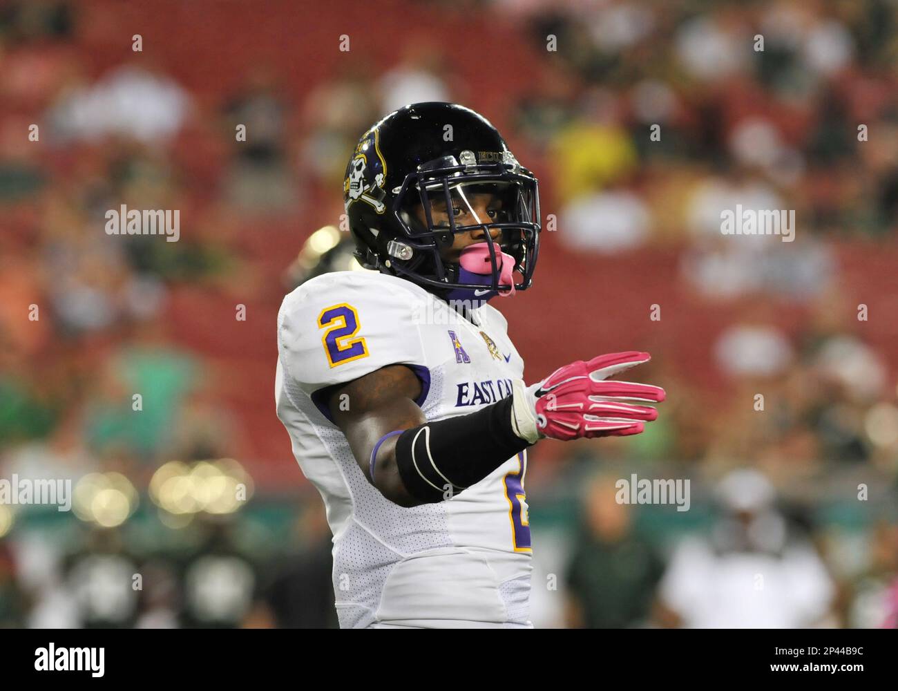 Wide receiver Justin Hardy (2) of the East Carolina Pirates sets for ...