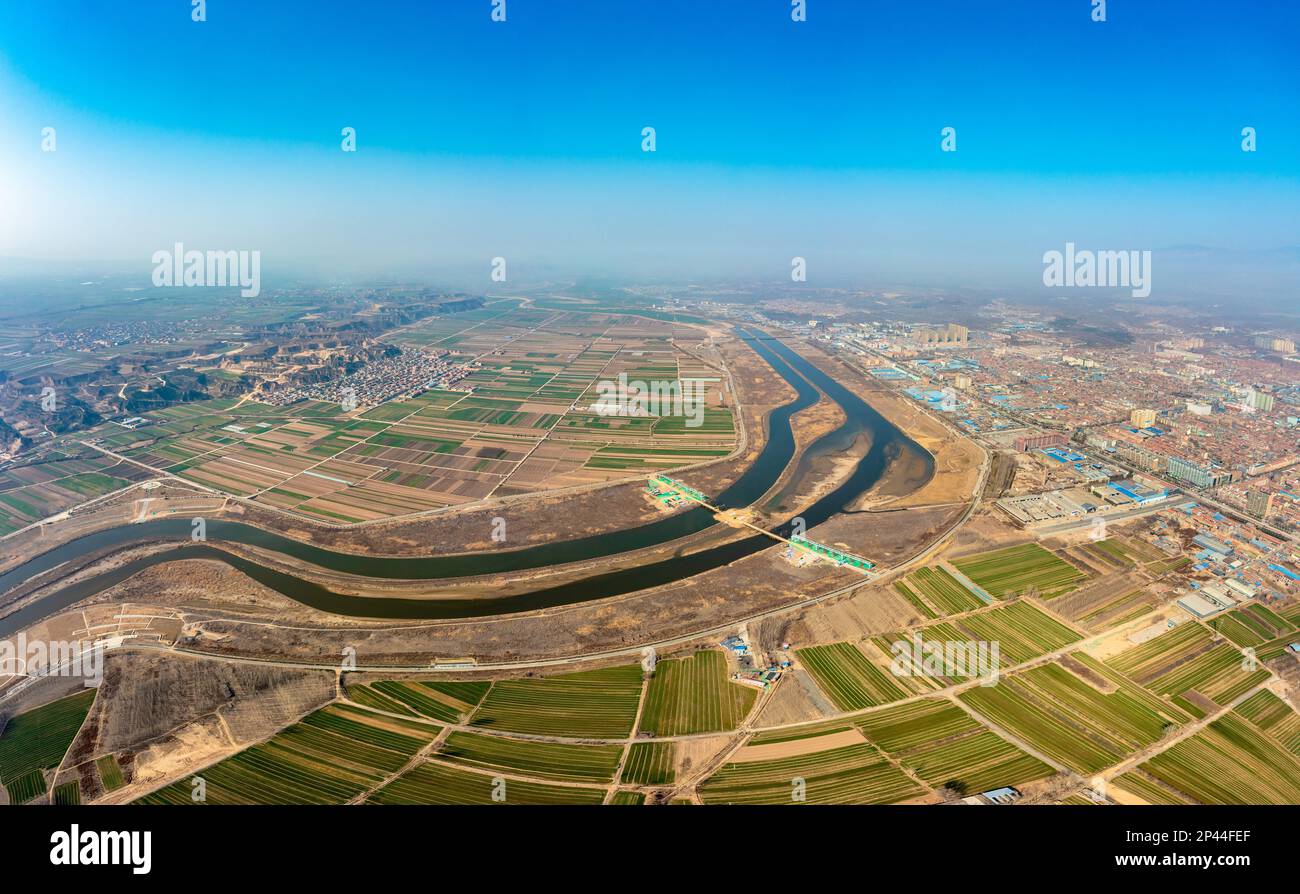 YUNCHENG, CHINA - MARCH 5, 2023 - A bridge project is underway at Fenhe ...