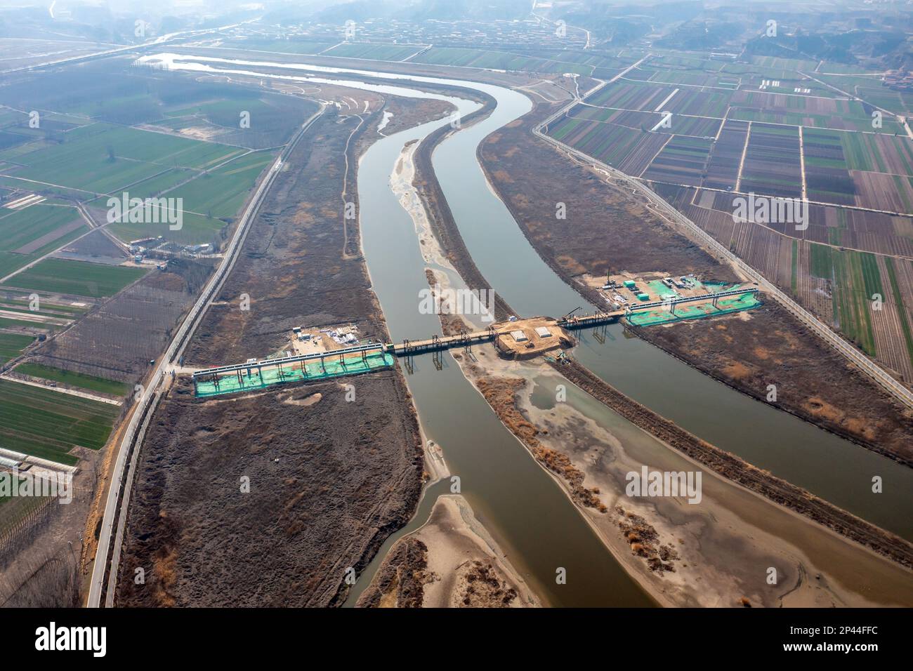 YUNCHENG, CHINA - MARCH 5, 2023 - A bridge project is underway at Fenhe ...