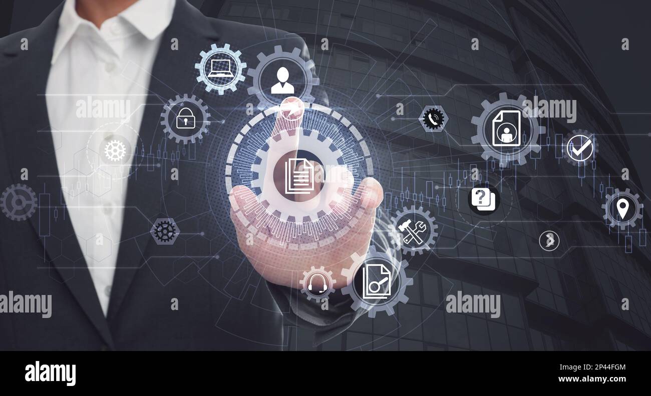 Business process. Woman touching virtual screen with different icons ...