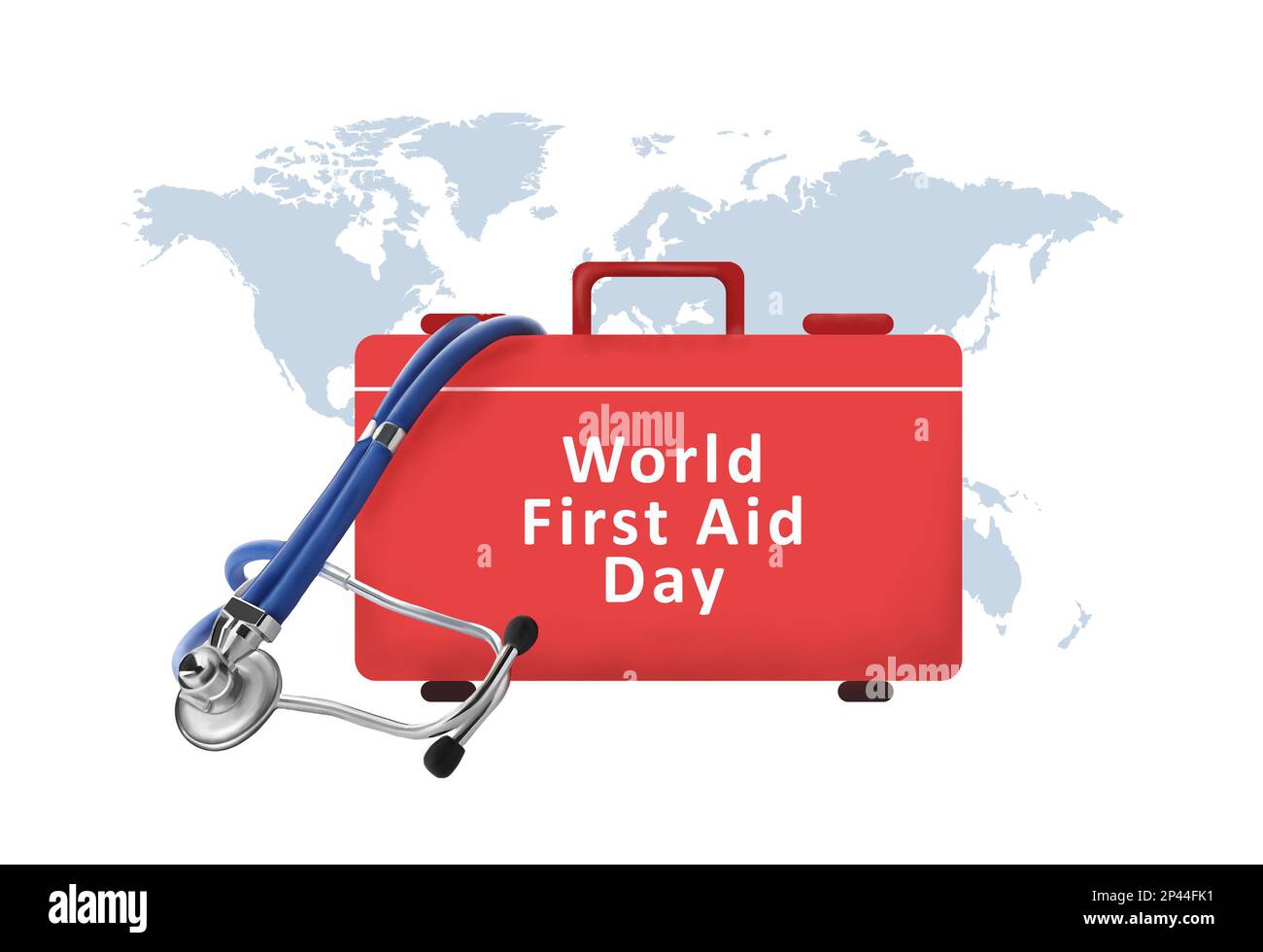 World First Aid Day. Kit of medical supplies, stethoscope and map on ...