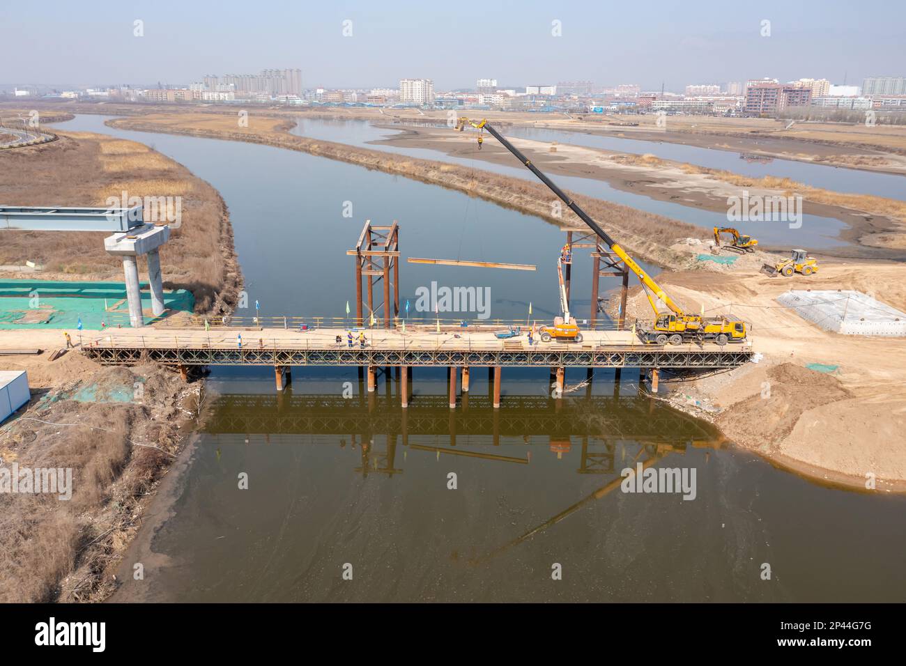YUNCHENG, CHINA - MARCH 5, 2023 - A bridge project is underway at Fenhe ...