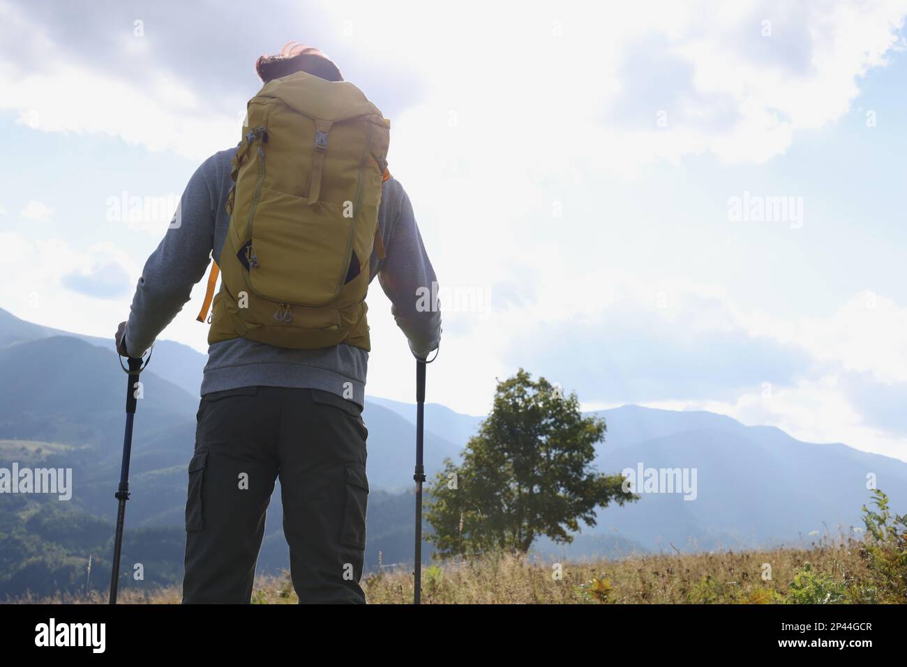 Tourist with backpack and trekking poles enjoying mountain landscape ...