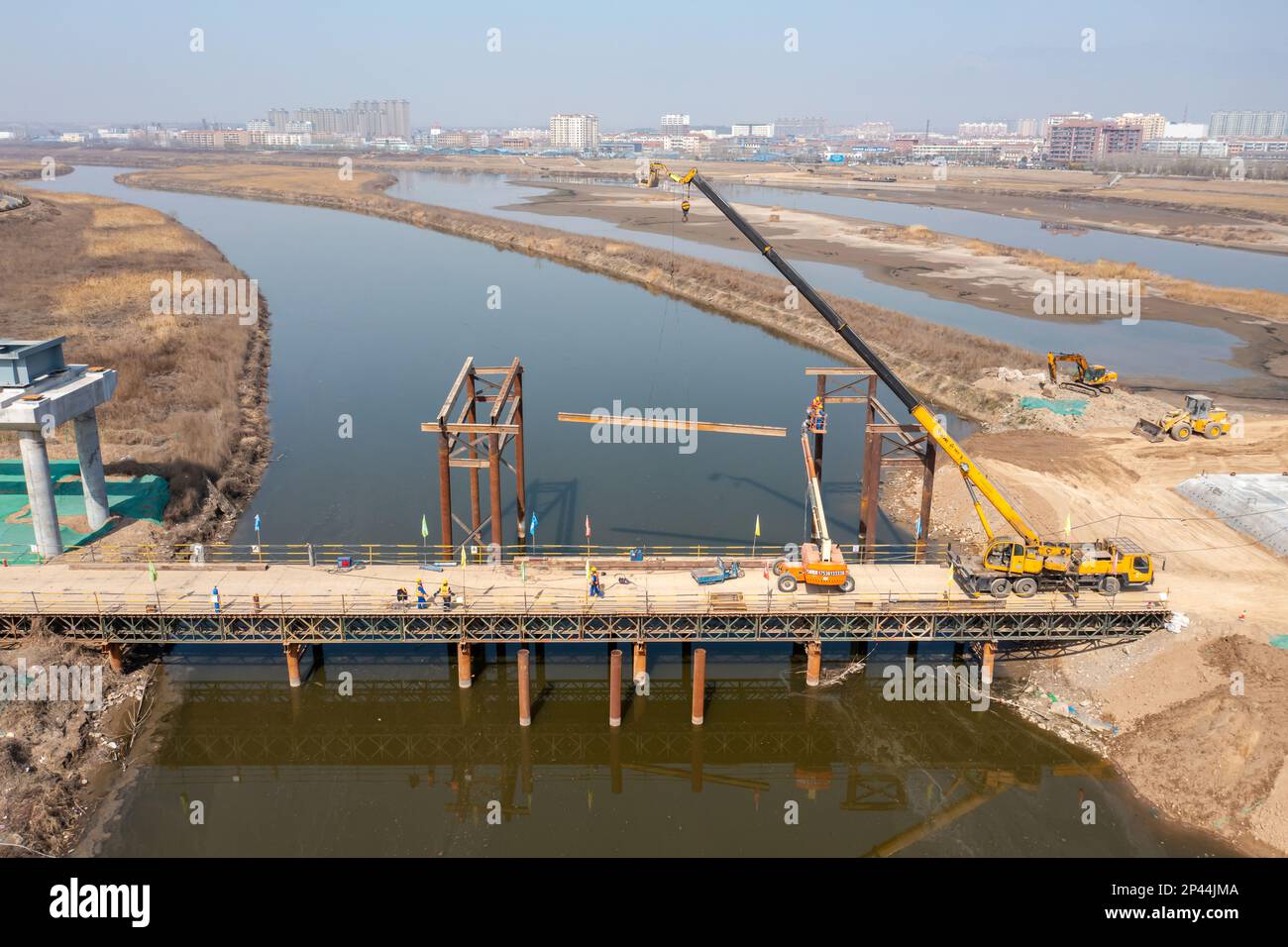 YUNCHENG, CHINA - MARCH 5, 2023 - A bridge project is underway at Fenhe ...