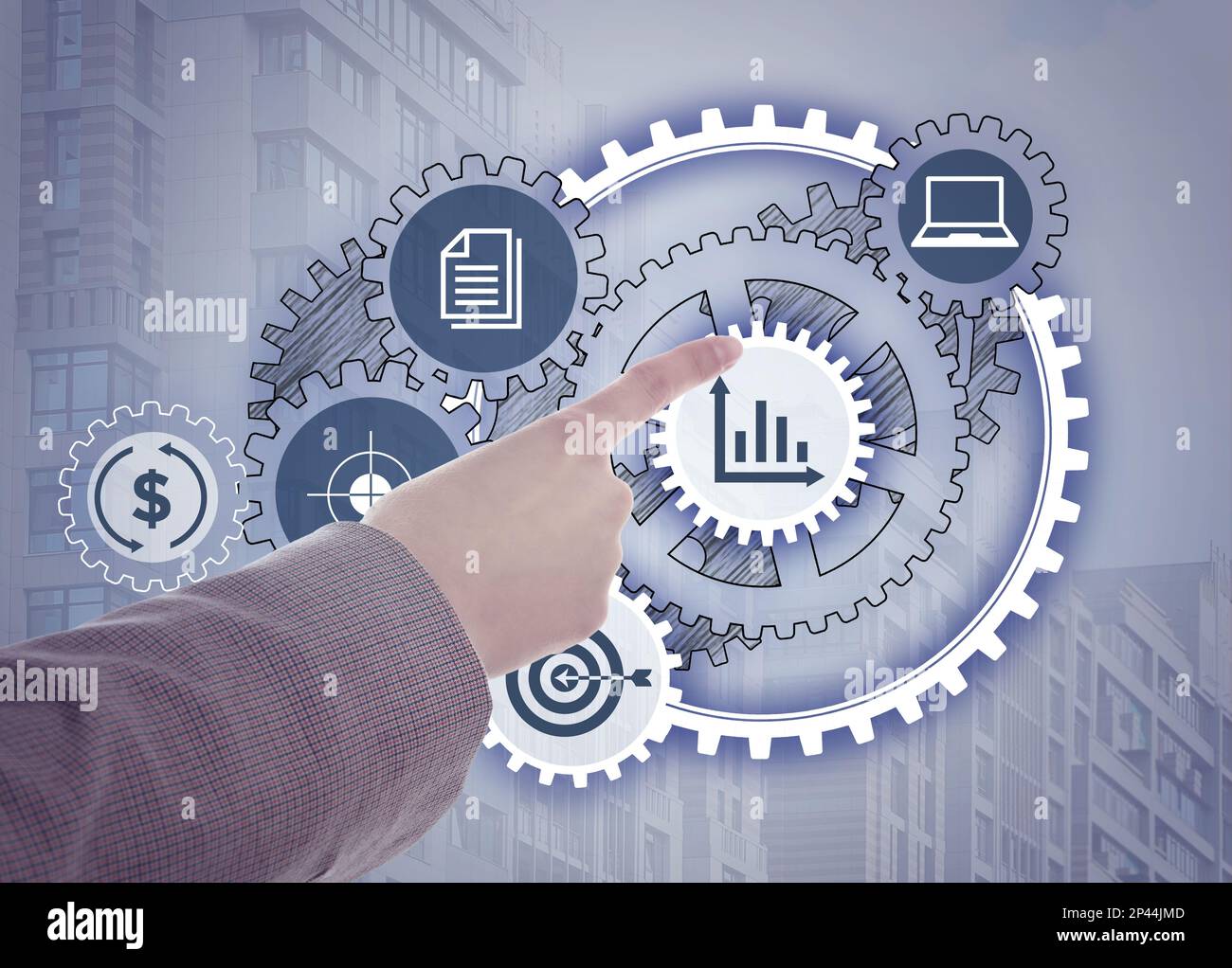 Business process. Woman touching virtual screen with different icons ...